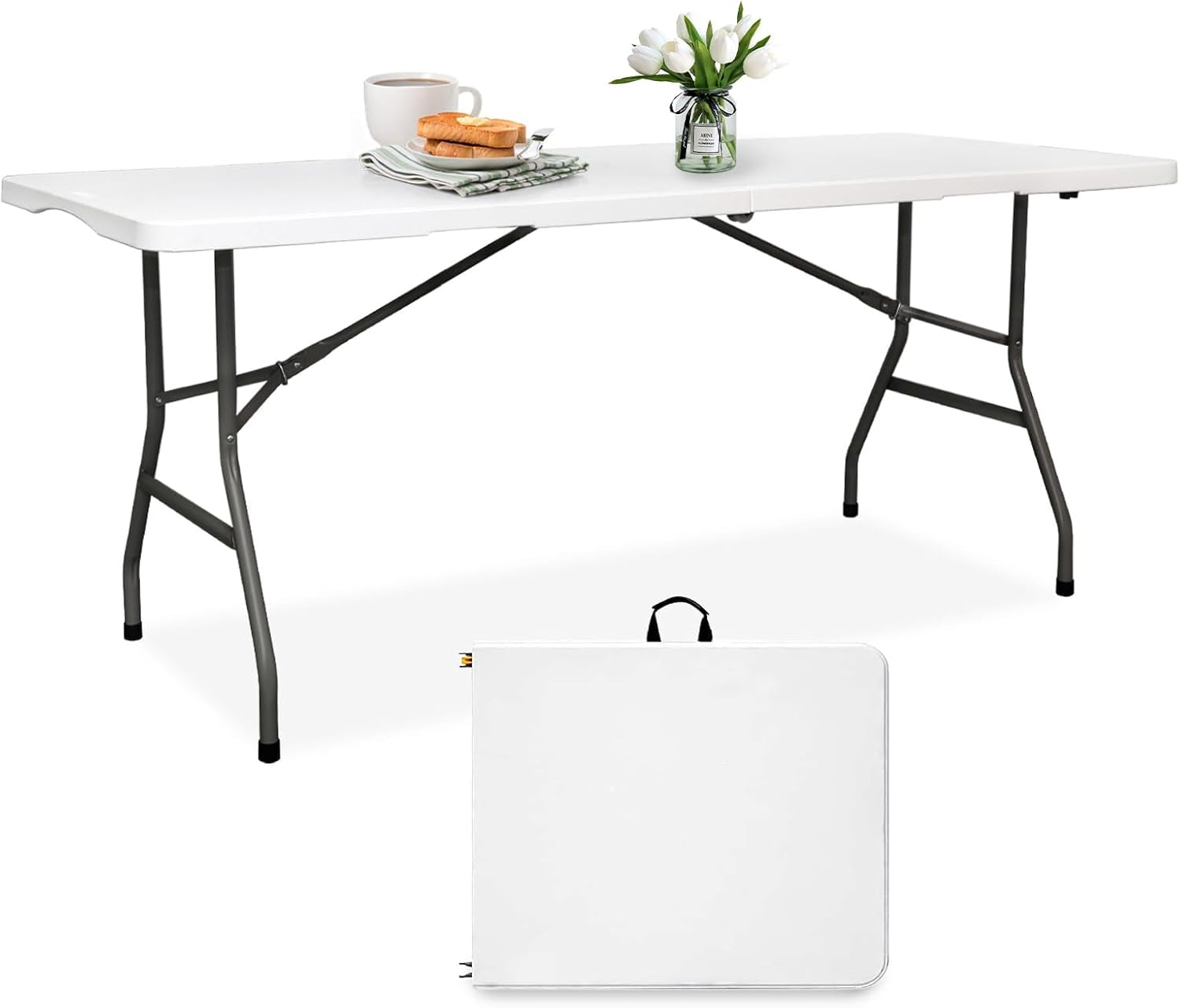 6FT Folding Table HDPE Foldable Table Banquet Surface Fold-in-Half Desk ...