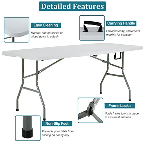 6FT Folding Table, Heavy Duty Plastic Table Portable Fold-in-Half ...
