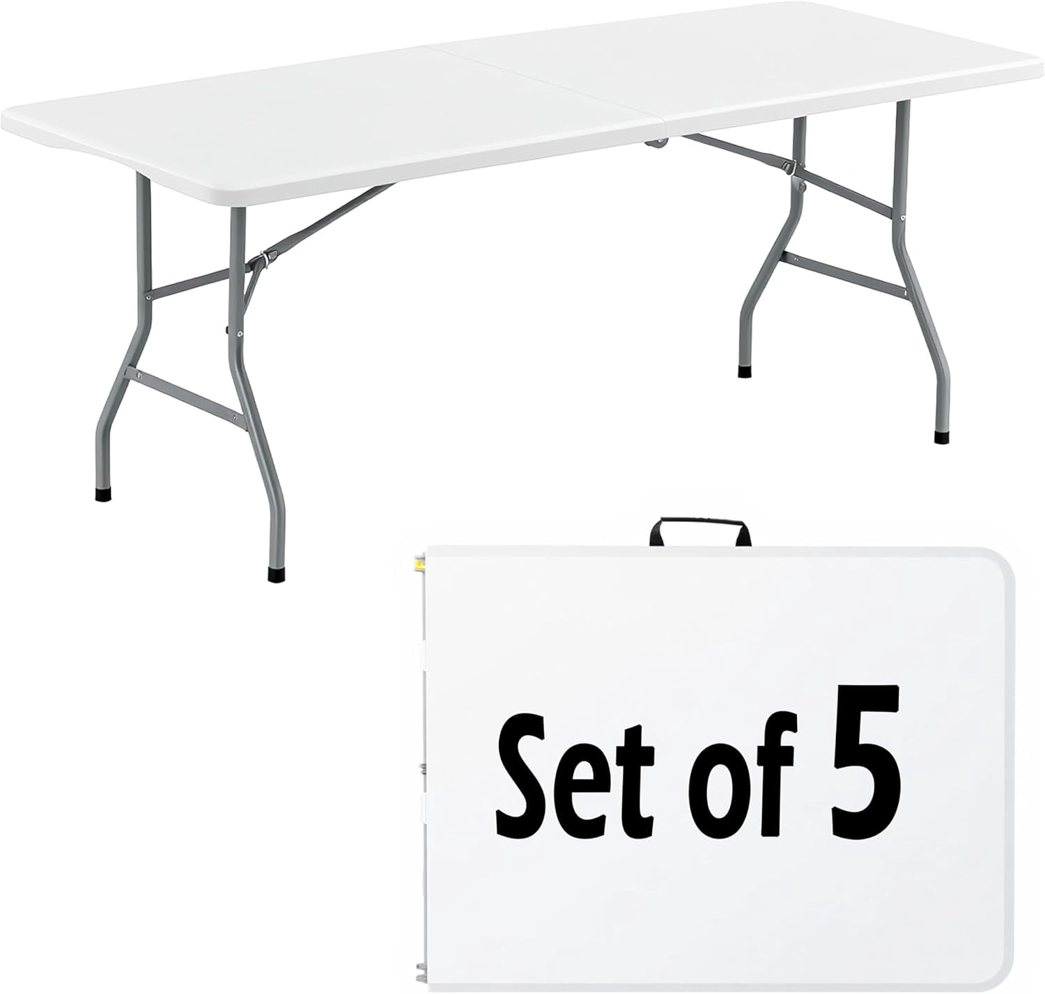 6FT Folding Table Set of 5 Portable Heavy Duty Plastic Table with ...