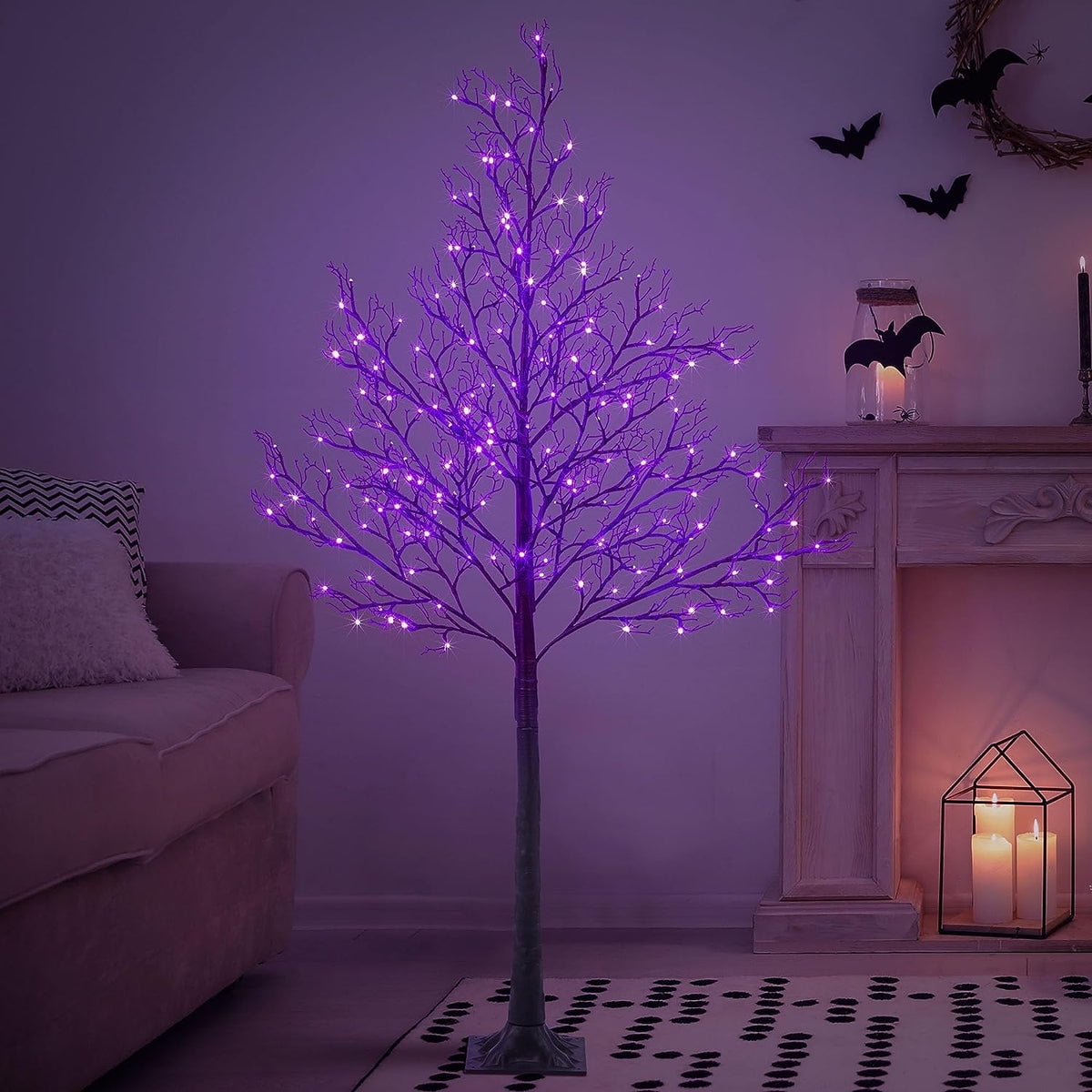 6FT Halloween Willow Tree 200 LED Lights Artificial Black Spooky Orange ...