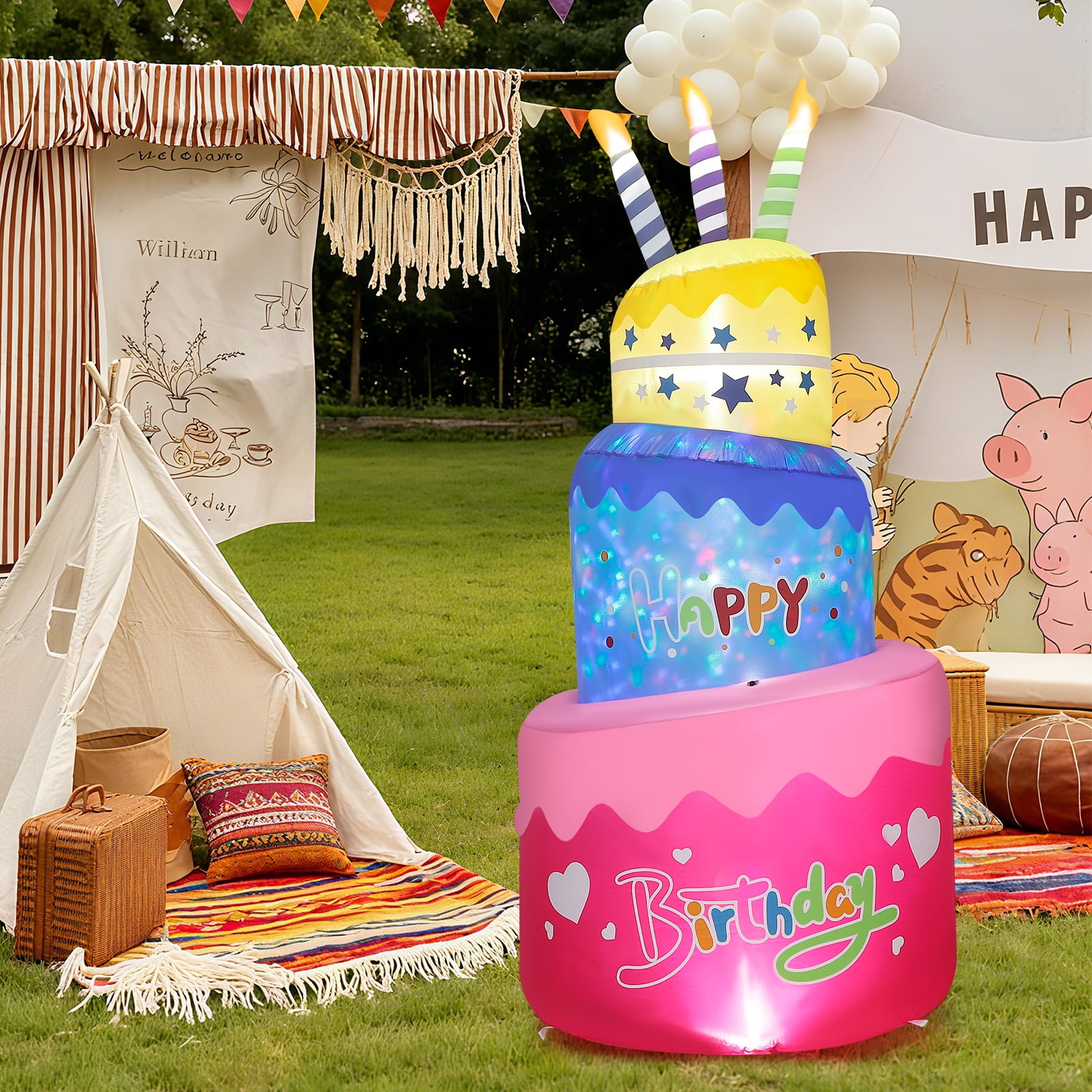 6FT Happy Birthday Inflatable Cake with LED Lights, Outdoor Indoor Blow ...
