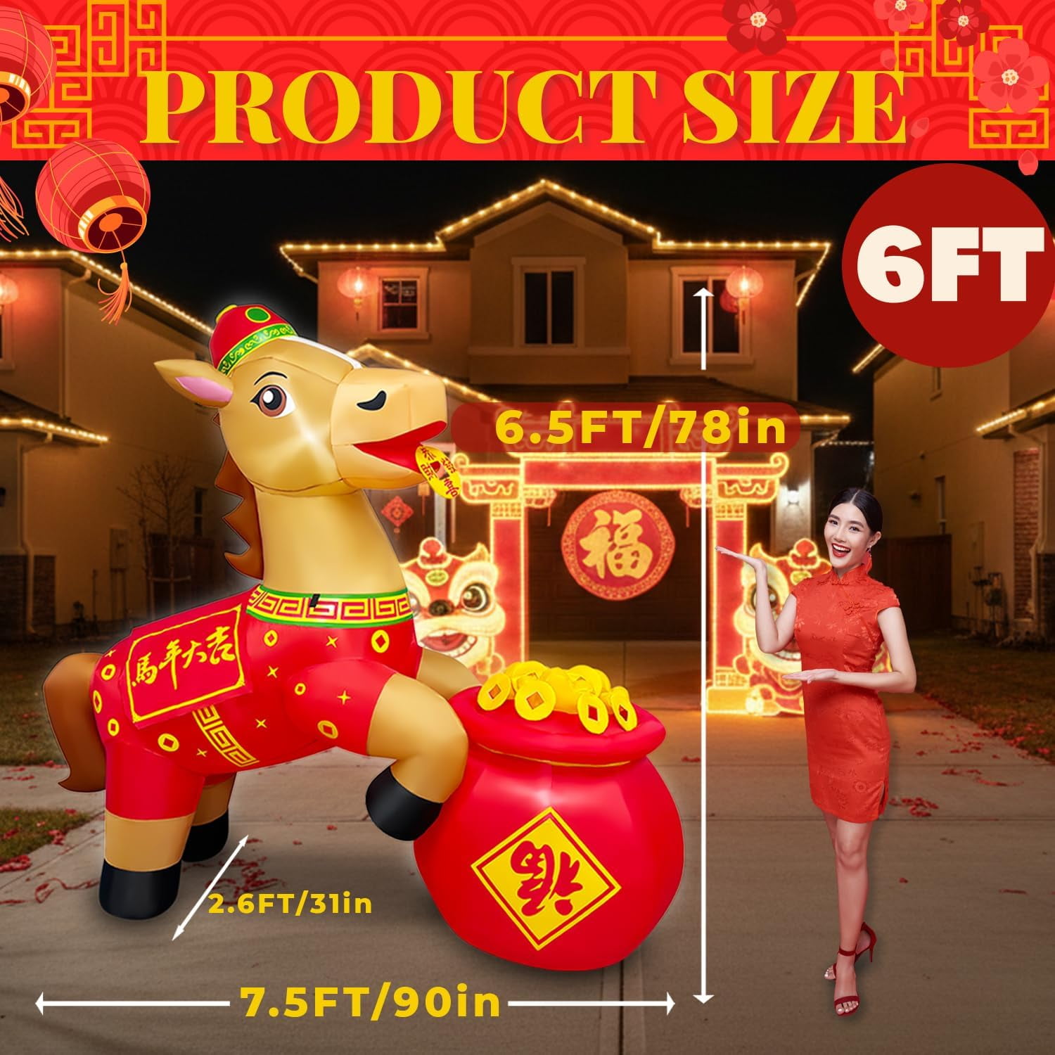 6FT Inflatable Chinese with Red Outfit and Gold Coins, Lunar New Year ...