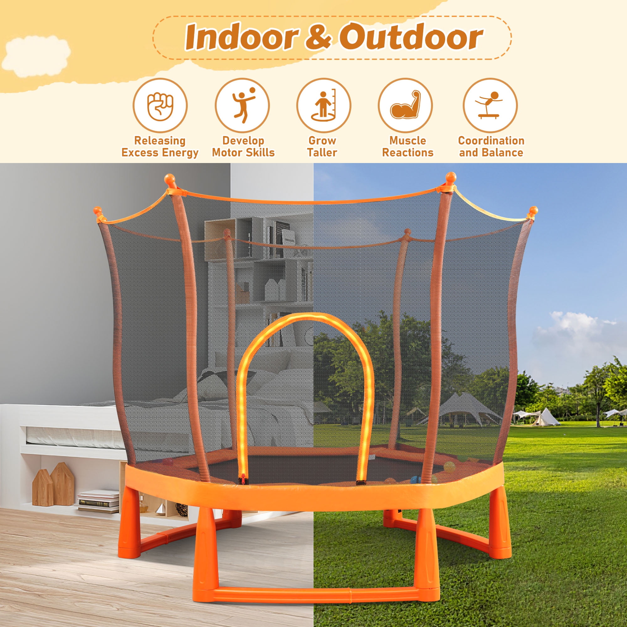 6FT Kids Trampoline with Safety Enclosure Net and Ocean Balls, Indoor ...