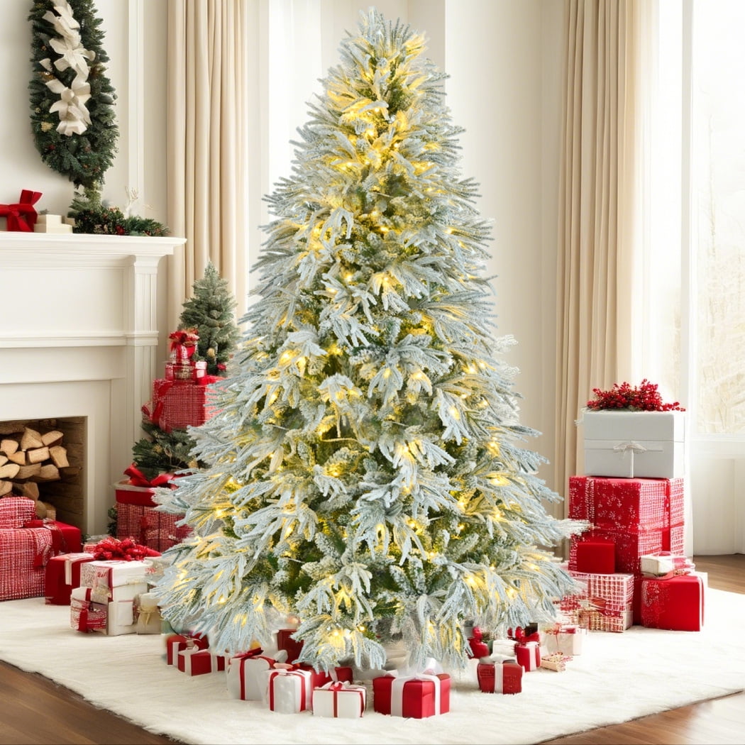 6FT Lighted Christmas Tree, Pre-Lit Spruce Snow Flocked Christmas Tree ...