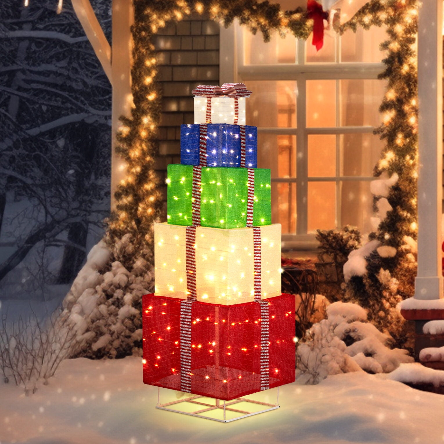 6FT Lighted Gift Box Tower, Pre-lit Pull Up Present Boxes with 200 LED ...