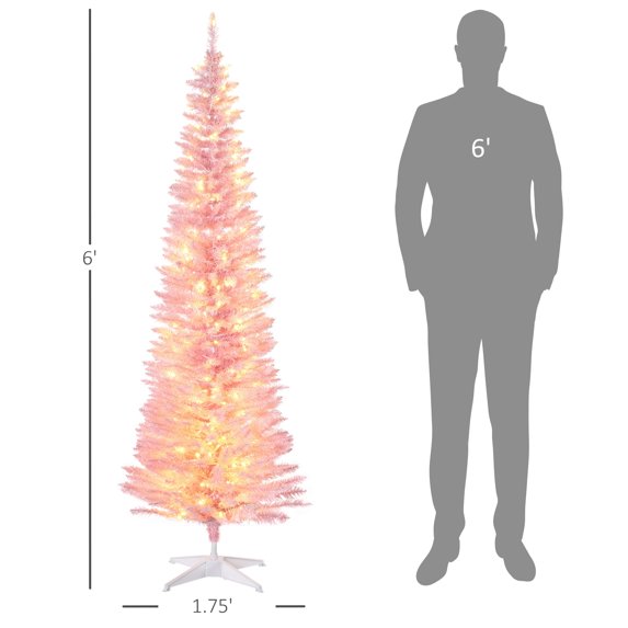 6FT Pink Slim Pencil Artificial Christmas Tree, 390 Tips 200 Warm White ...
