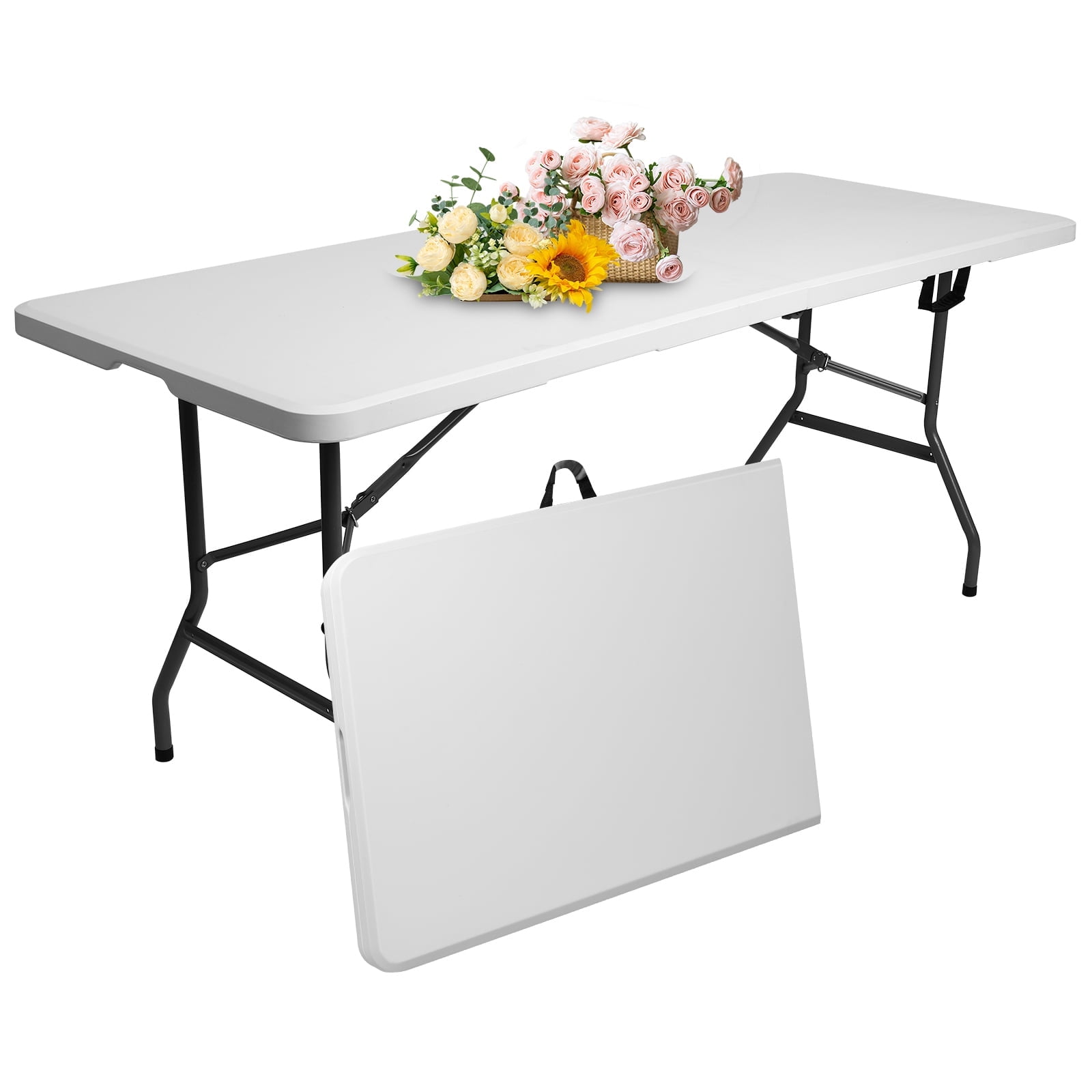 6FT Plastic Foldable Table with Carrying Handle, Outdoor Picnic Table ...
