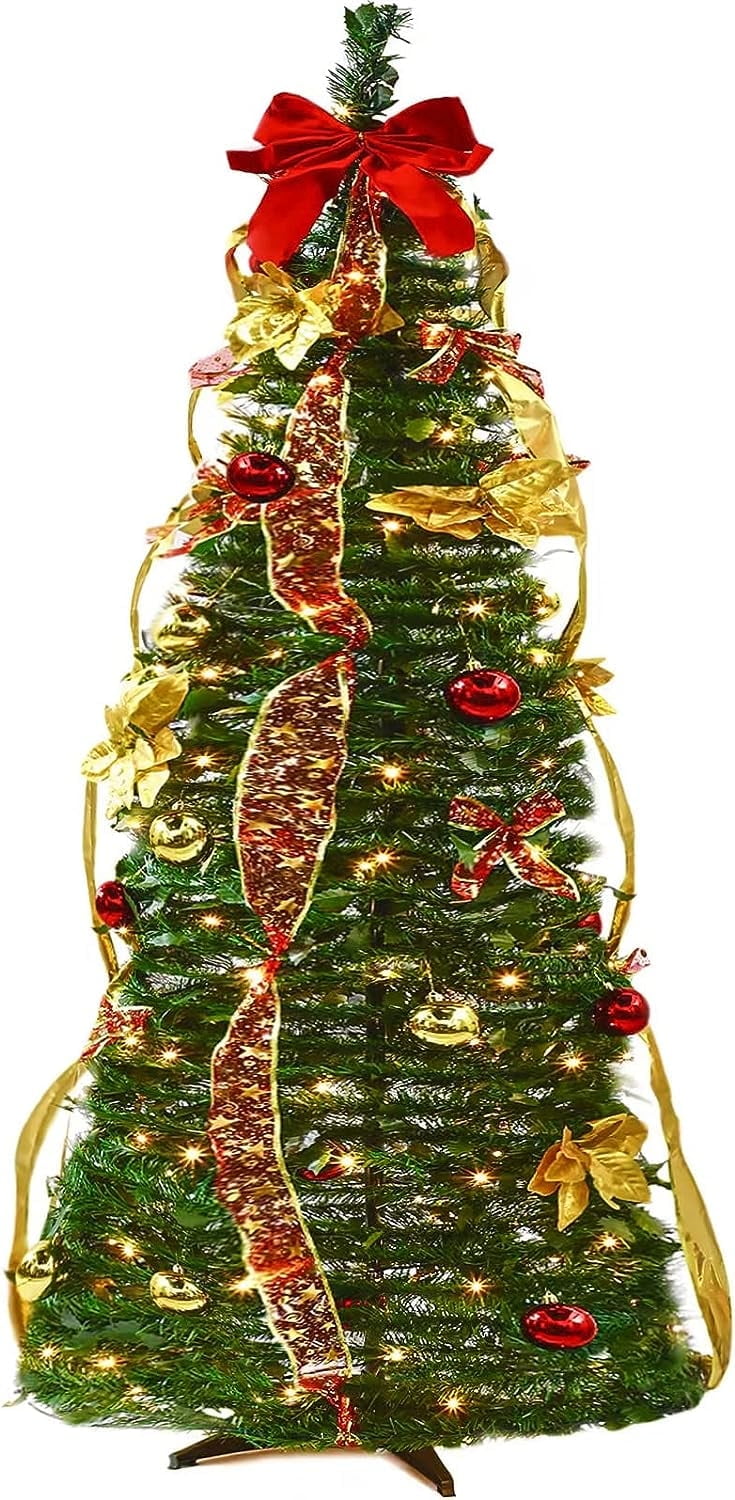 6FT Pre-lit Pop-Up Xmas Tree with Lights, Decorated with Ornaments ...