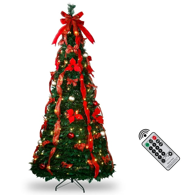 6FT Pop Up Christmas Tree with Remote Pre Lit with Ornaments Ribbon ...