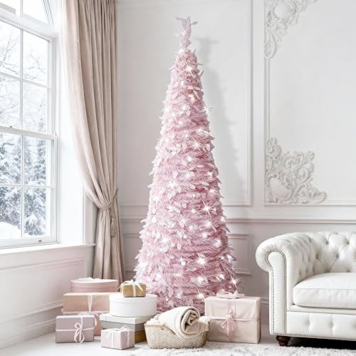 6FT Pre-Decorated Pink Christmas Tree, Prelit Pop Up Christmas Tree Collapsible with 150 LED ...