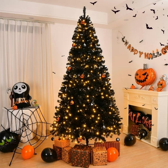6FT Pre-Lit Black Artificial Christmas Tree, 250 Warm White LEDs ...