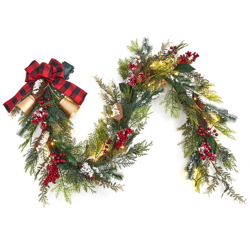 6FT Pre-Lit Christmas Garland with 20 LED Lights, Pine Cones, Red ...