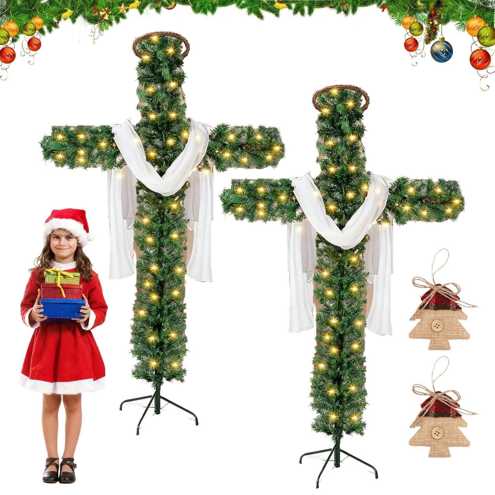 6FT Pre-Lit Cross Christmas Tree with 100 LED Lights, Artificial Pine ...