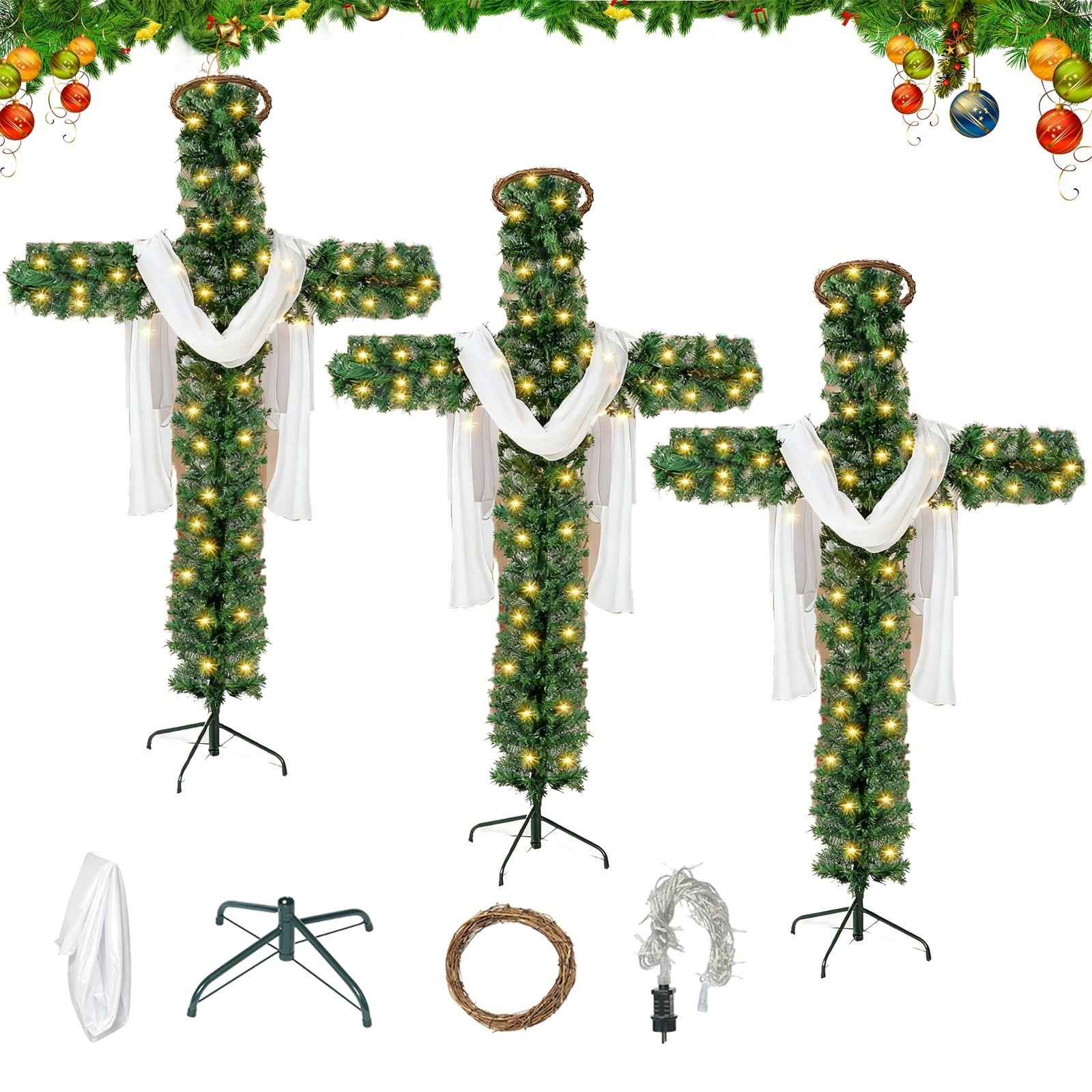 6FT Pre-Lit Cross Christmas Tree with 100 LED Lights, Artificial Pine ...