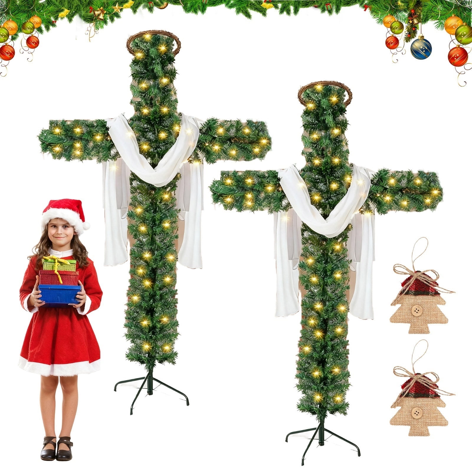 6FT Pre-Lit Cross Christmas Tree with 100 LED Lights, Artificial Pine ...