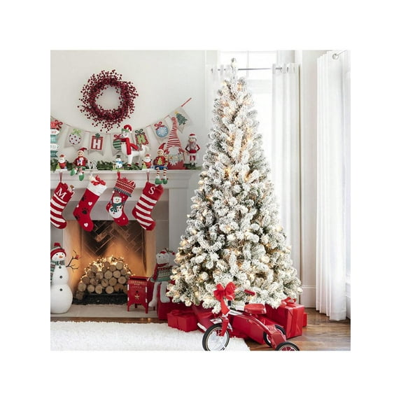 6FT Pre-Lit Flocked Christmas Tree With 250 Warm White Lights, Full ...
