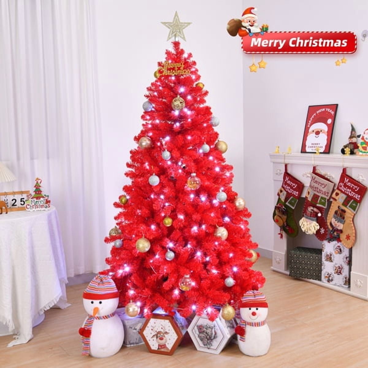 6FT Pre-Lit Red Christmas Tree - 800 PVC Branch Tips, 300 LED Lights ...