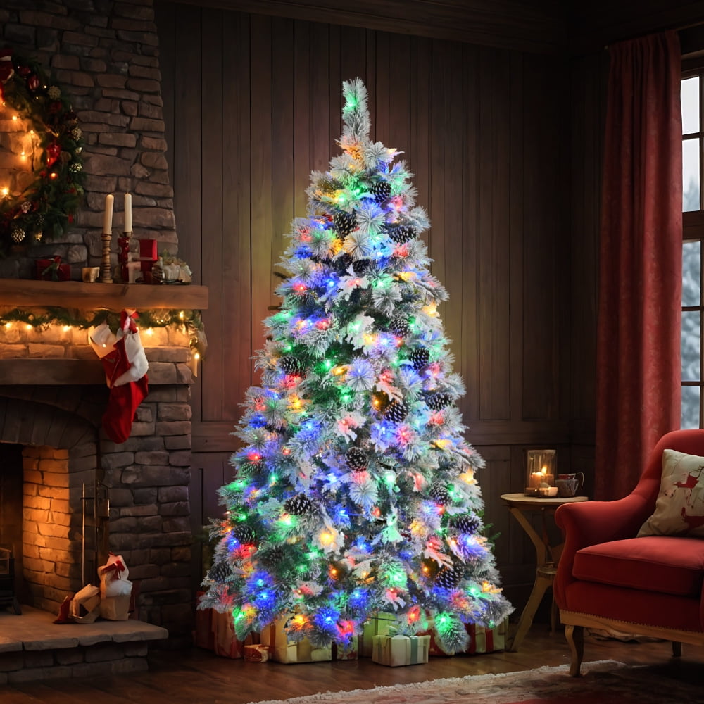 6FT Pre-Lit Spruce Snow Flocked Christmas Tree with Pine Cones ...