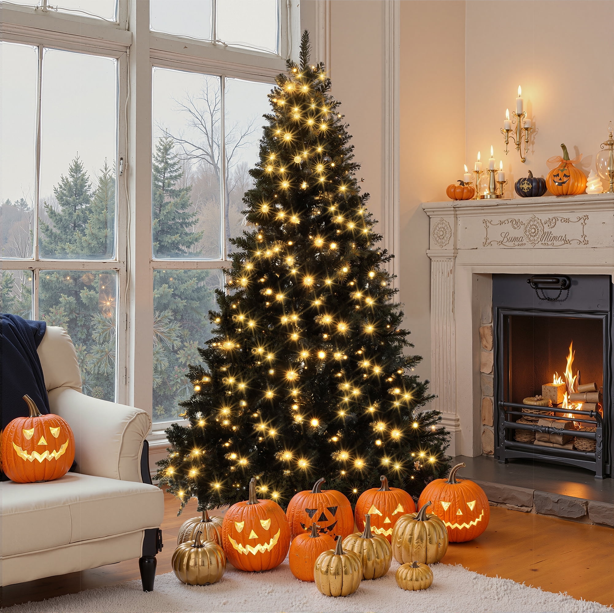 6FT Pre-lit Black Artificial Hinged Christmas Tree, Holiday Spruce Xmas ...
