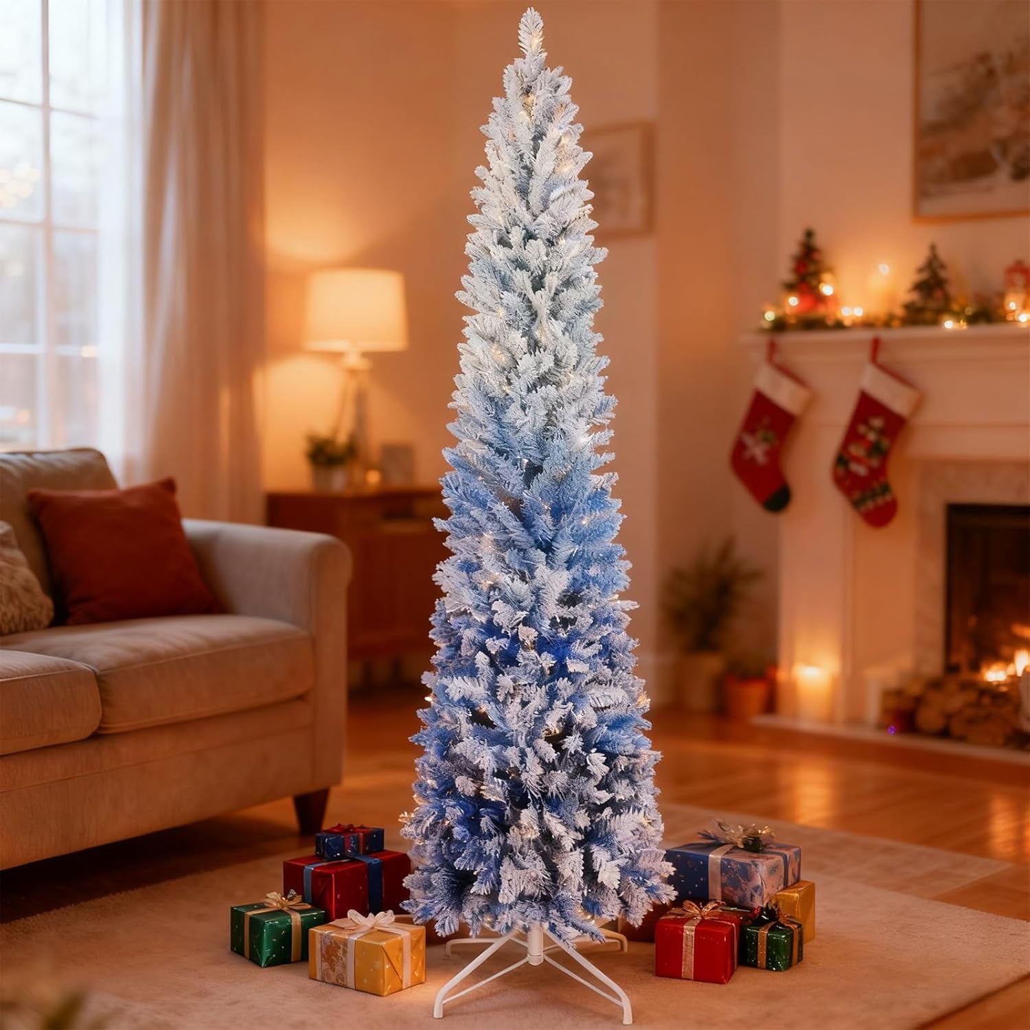 6FT Prelit Pencil Blue Christmas Tree, Artificial Slim Gradient Flocked ...