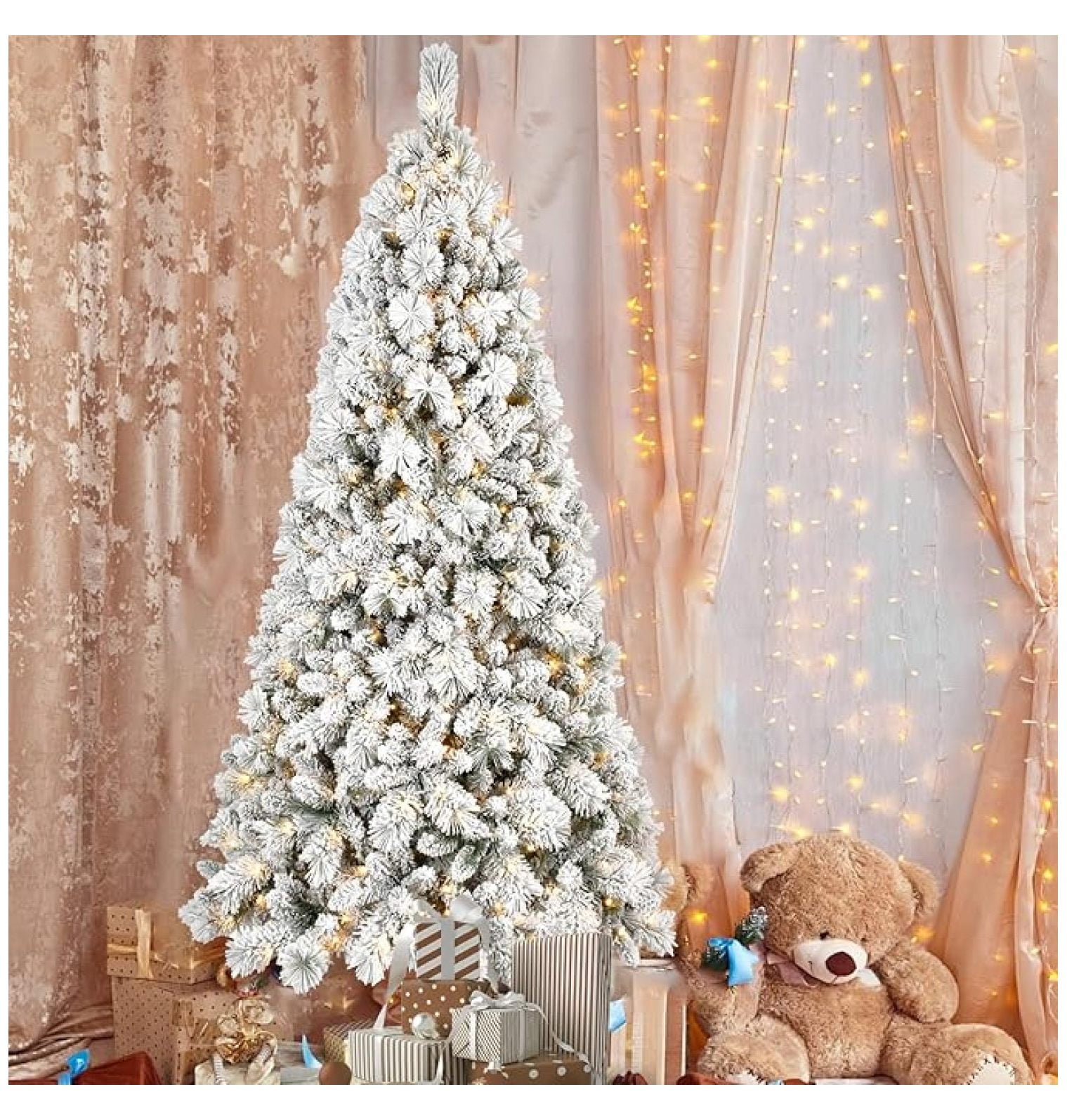 6FT Prelit Snow Flocked Christmas Tree, Premium Pre Lit Artificial ...