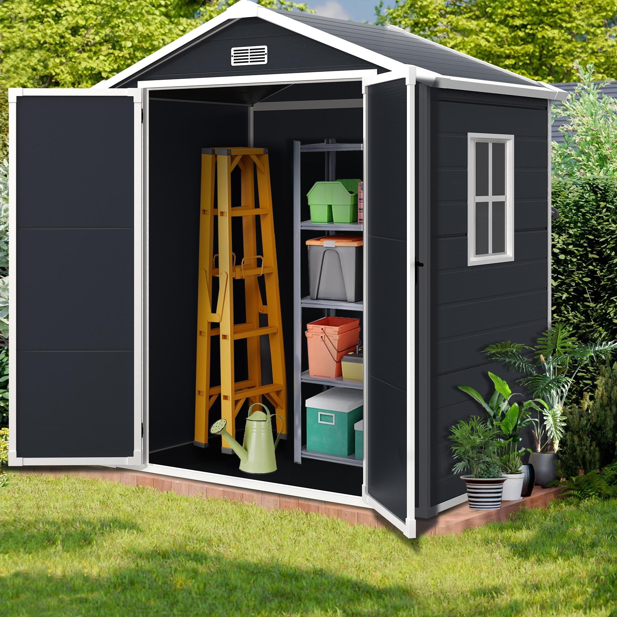 6FT Resin Shed, Outdoor Storage Shed with Floor & Window, Large Patio ...