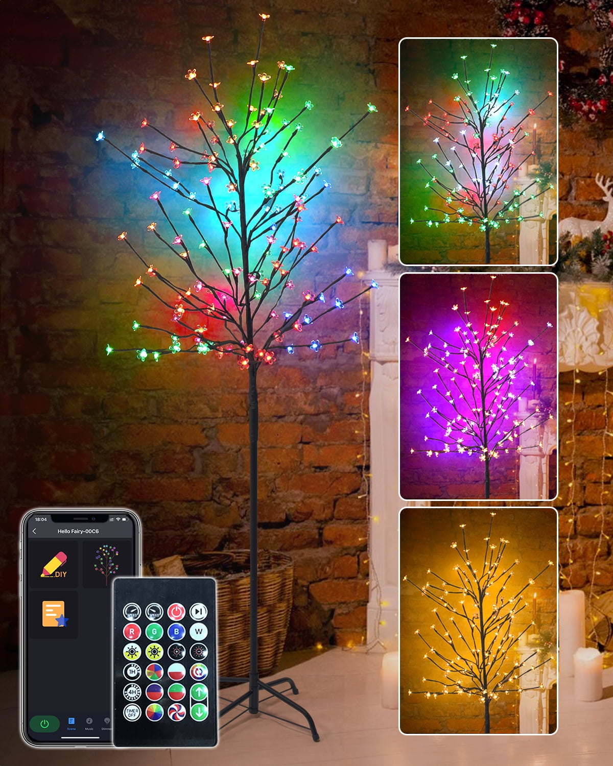 6FT Smart Lighted Cherry Blossom Tree 135LED DIY Color Changing Lights ...