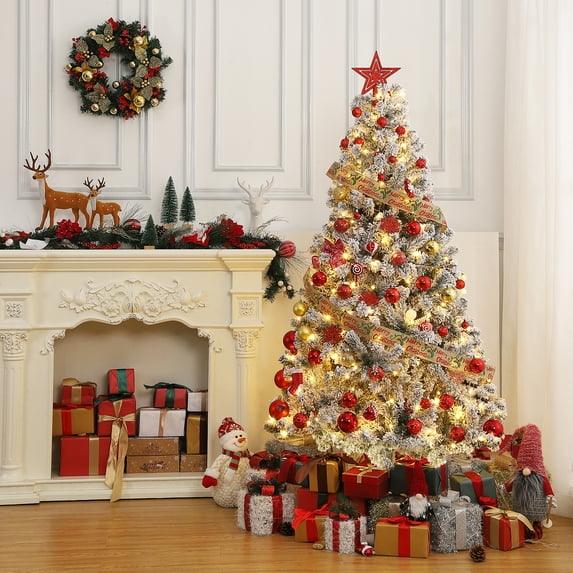 6FT Snow Flocked Christmas Tree, Pre-lit Artificial Xmas Tree with 640 ...