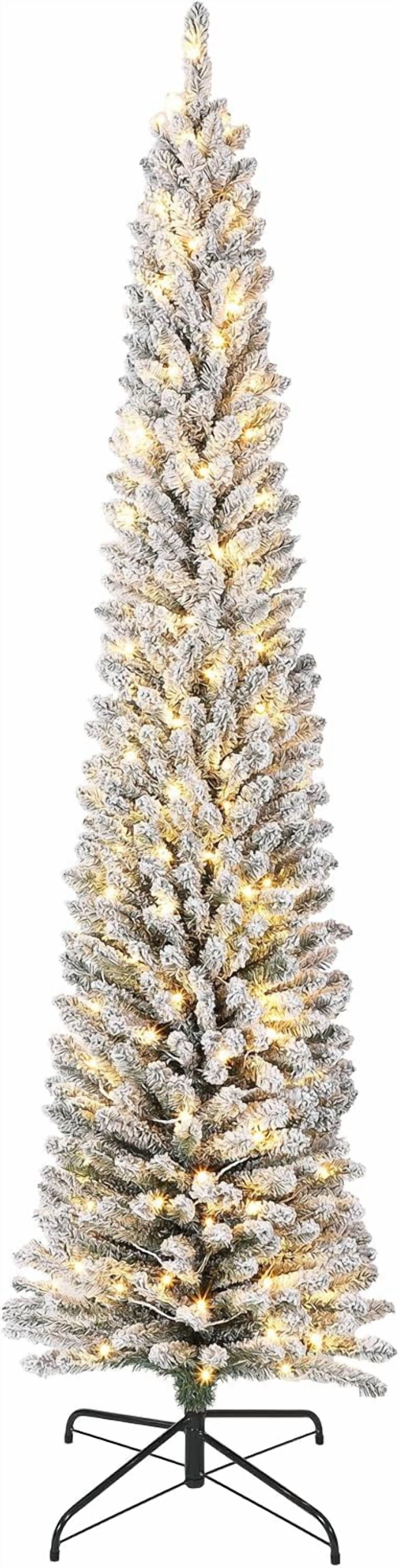 6FT Snow Flocked Slim Pencil Christmas Tree,PVC Non-Shed Flocked Tips ...