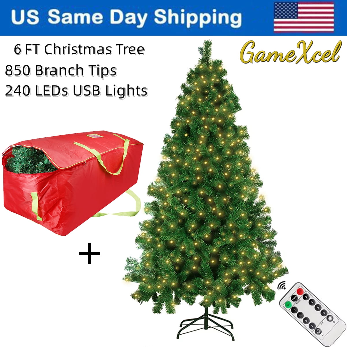 6FT Spruce Artificial Xmas Tree with Timer, 240 LEDs USB Light ...