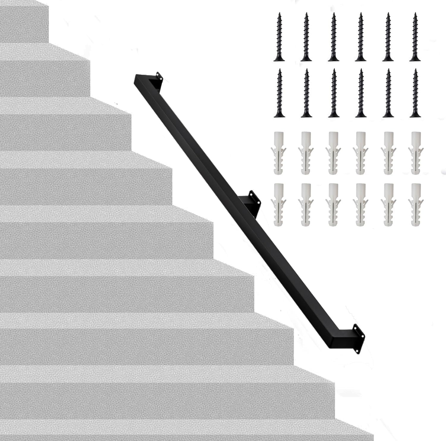 6FT Square Stair Railing Indoor, Black Wall Mount Handrail for ...
