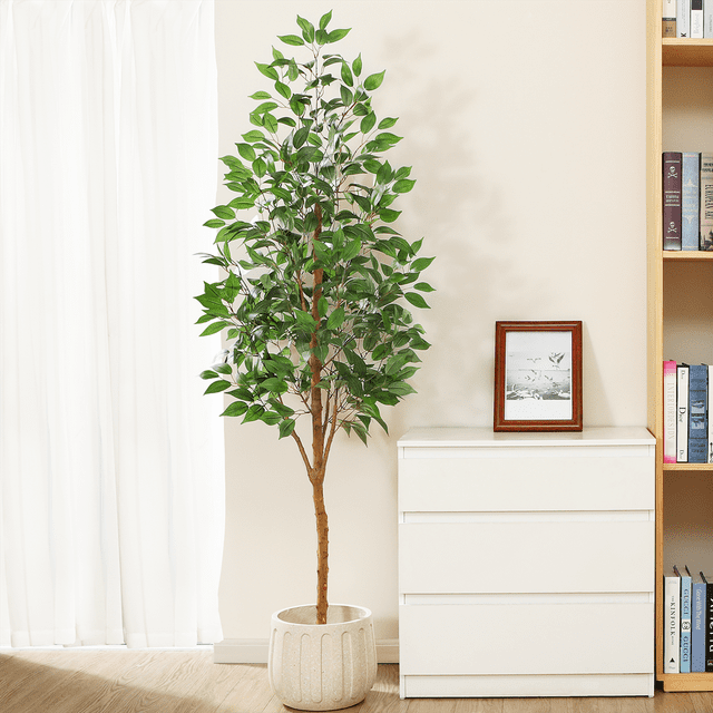 DR. PLANZEN 6FT Tall Faux Ficus Tree with Natural Wood Trunk and ...