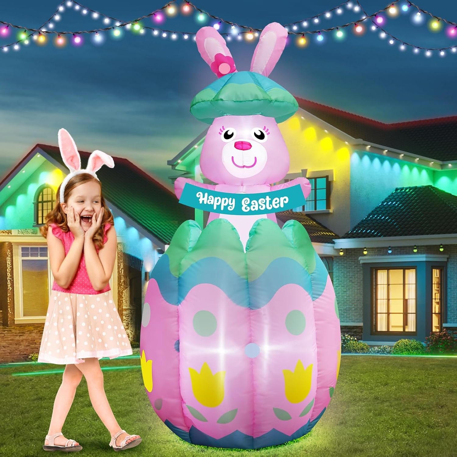 6FT Tall Easter Inflatable Animated Bunny on Easter Egg Outdoor ...