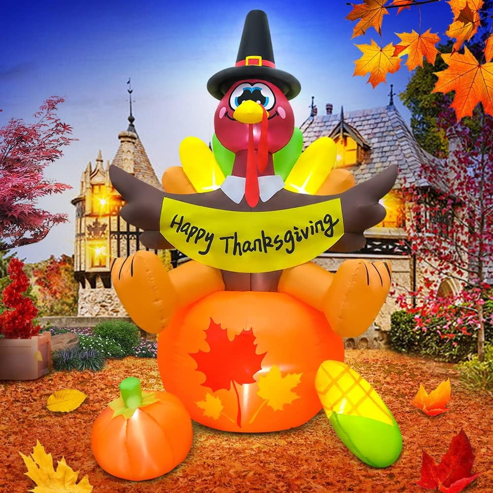 6FT Thanksgiving Inflatable Turkey Sits on Pumpkin Inflatable Indoor or ...