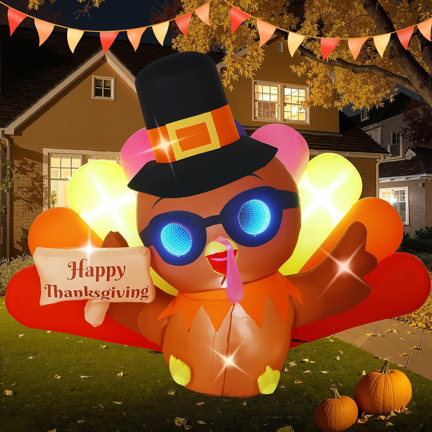 6FT Thanksgiving Inflatables Funny Turkey with 3D Color-Changing Tunnel ...