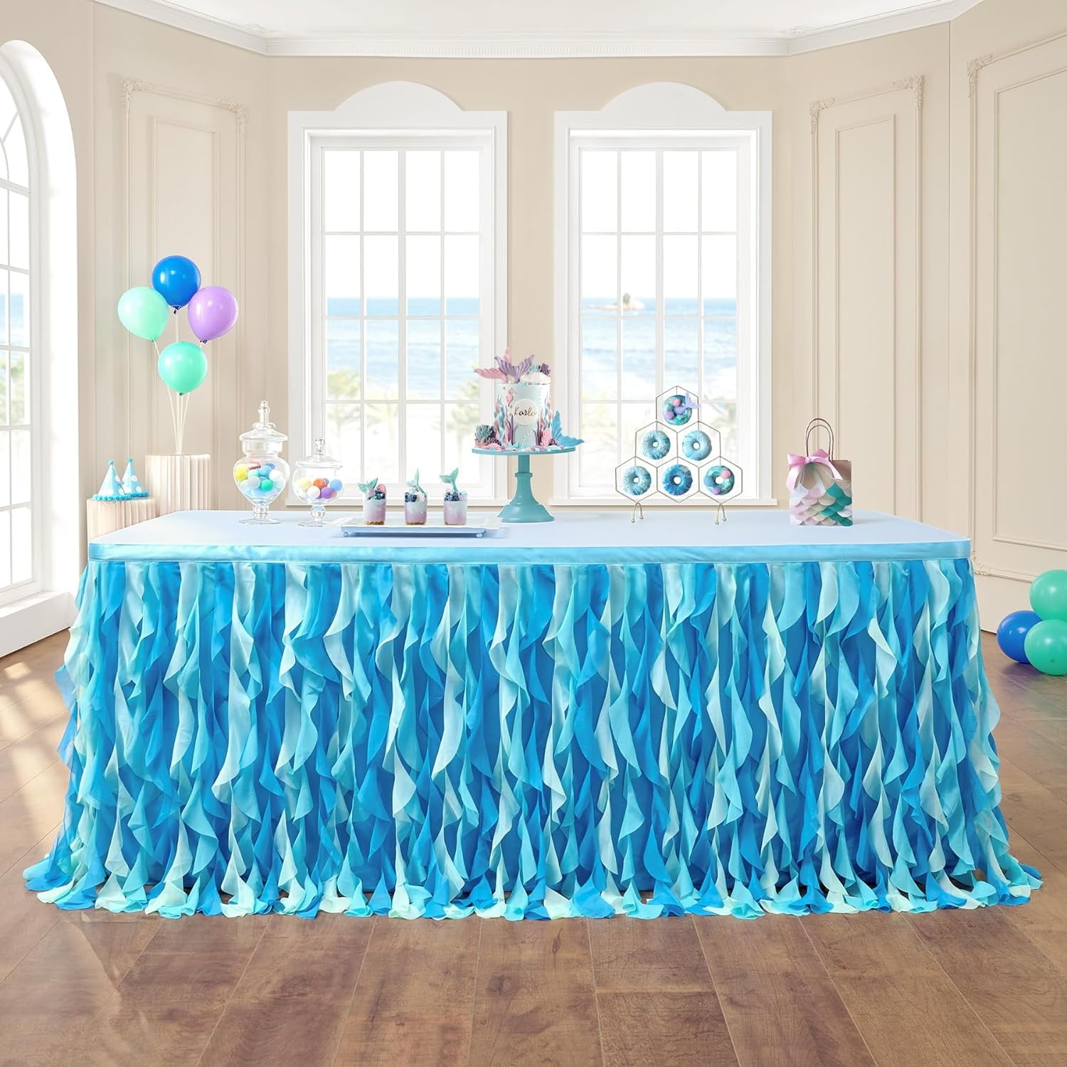 6FT Tulle Ruffle Curly Willow Table Skirt for Rectangle or Round Tables, Under The Sea Ocean ...