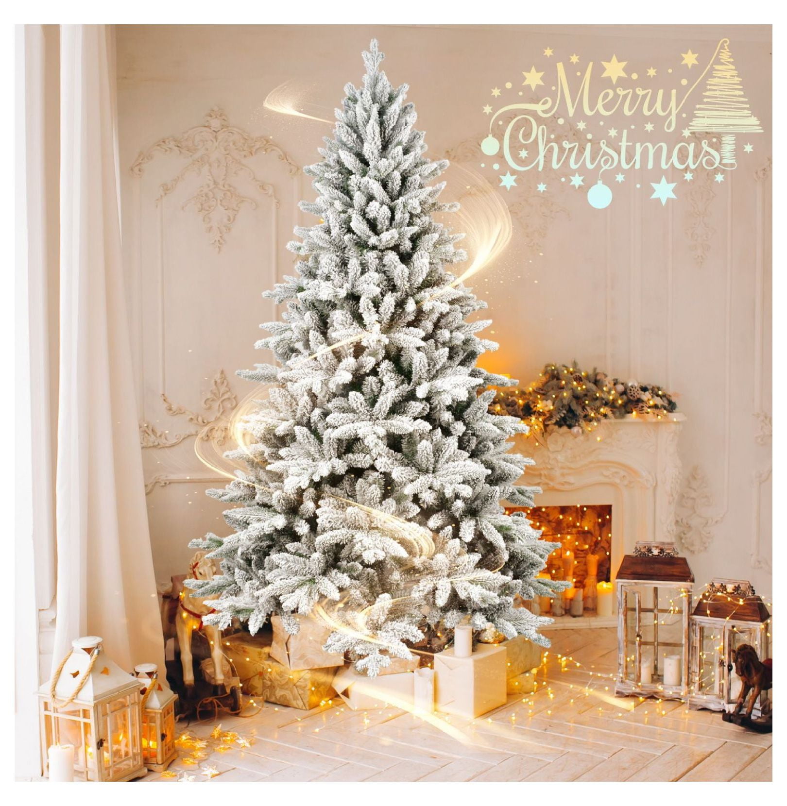 6FT Un-Lit Flocked Artificial holiday Tree, Bringstar Hinged Xmas Trees ...