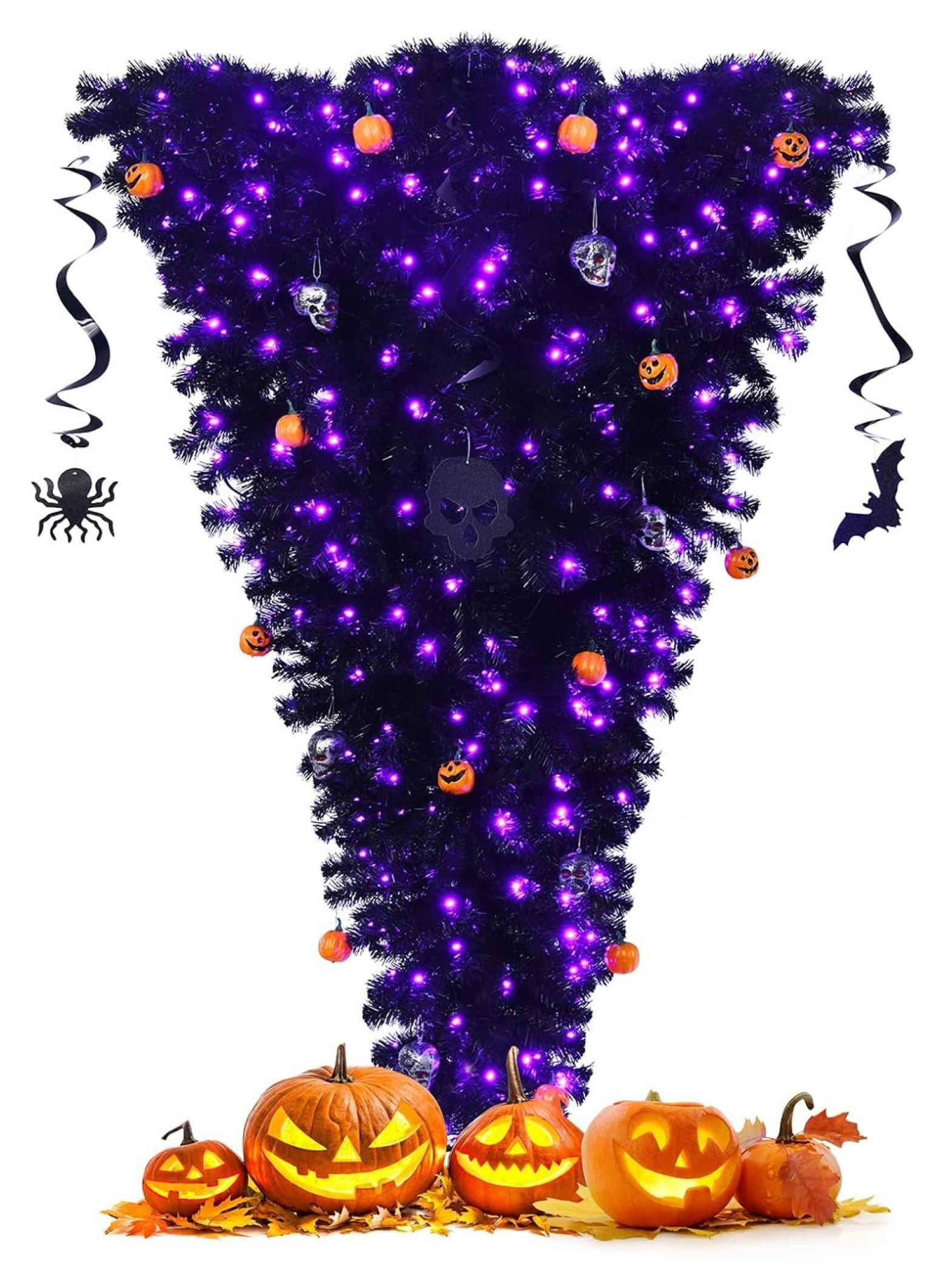 6FT Upside Down Pre-lit Artificial Christmas Tree, Black Tree w/Lights ...