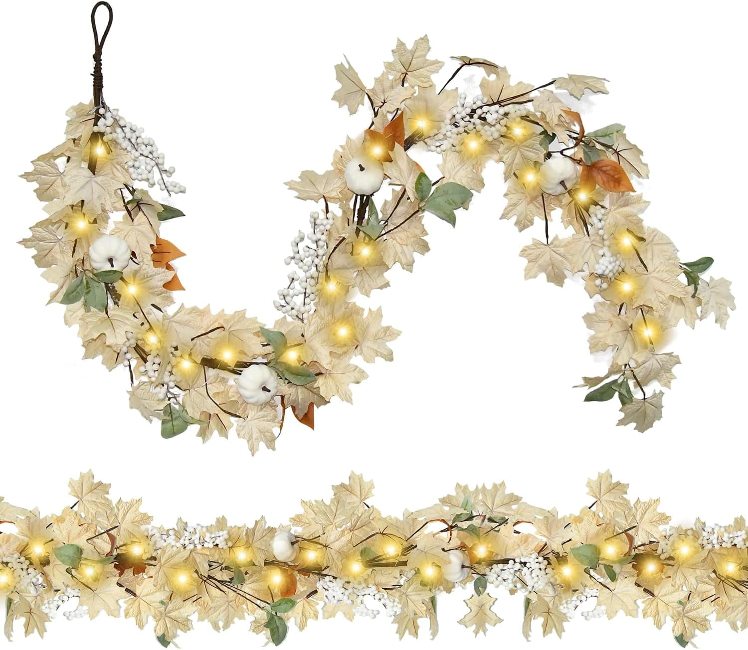 6FT White Fall Maple Leaf Garland with Battery Operated LED Lights ...