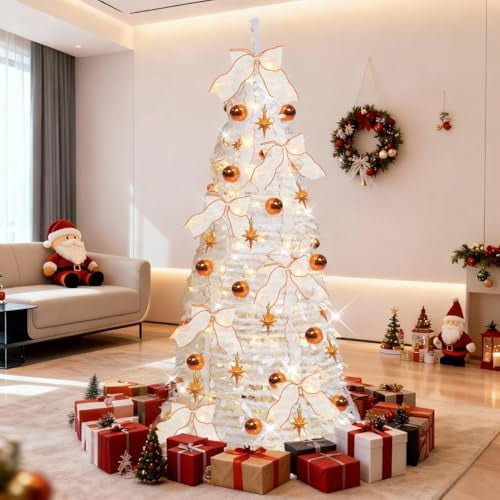6FT White Pop Up Christmas Tree with Lights, Prelit Artificial Pencil ...