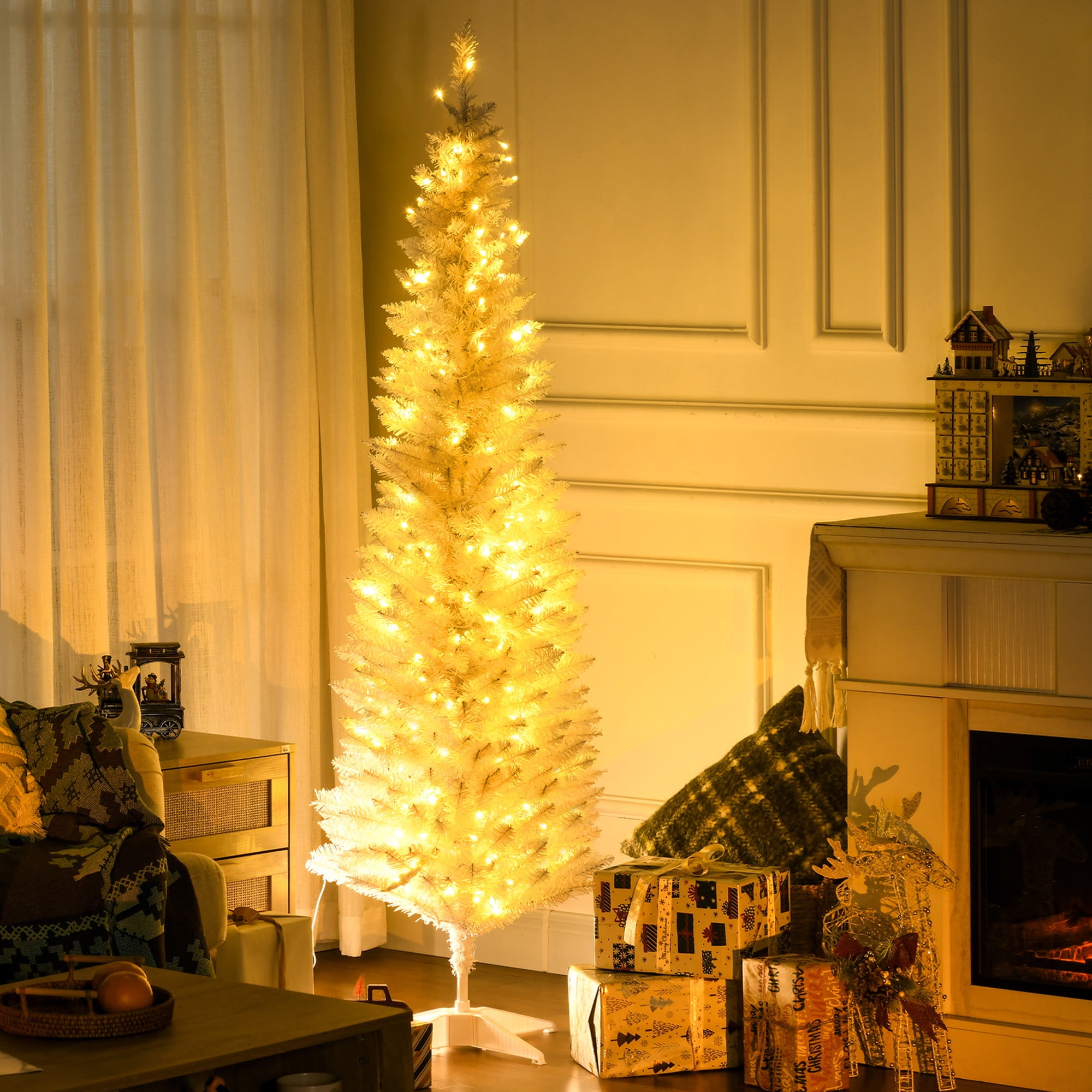 6FT White Slim Pencil Artificial Christmas Tree, 390 Tips 200 Warm ...