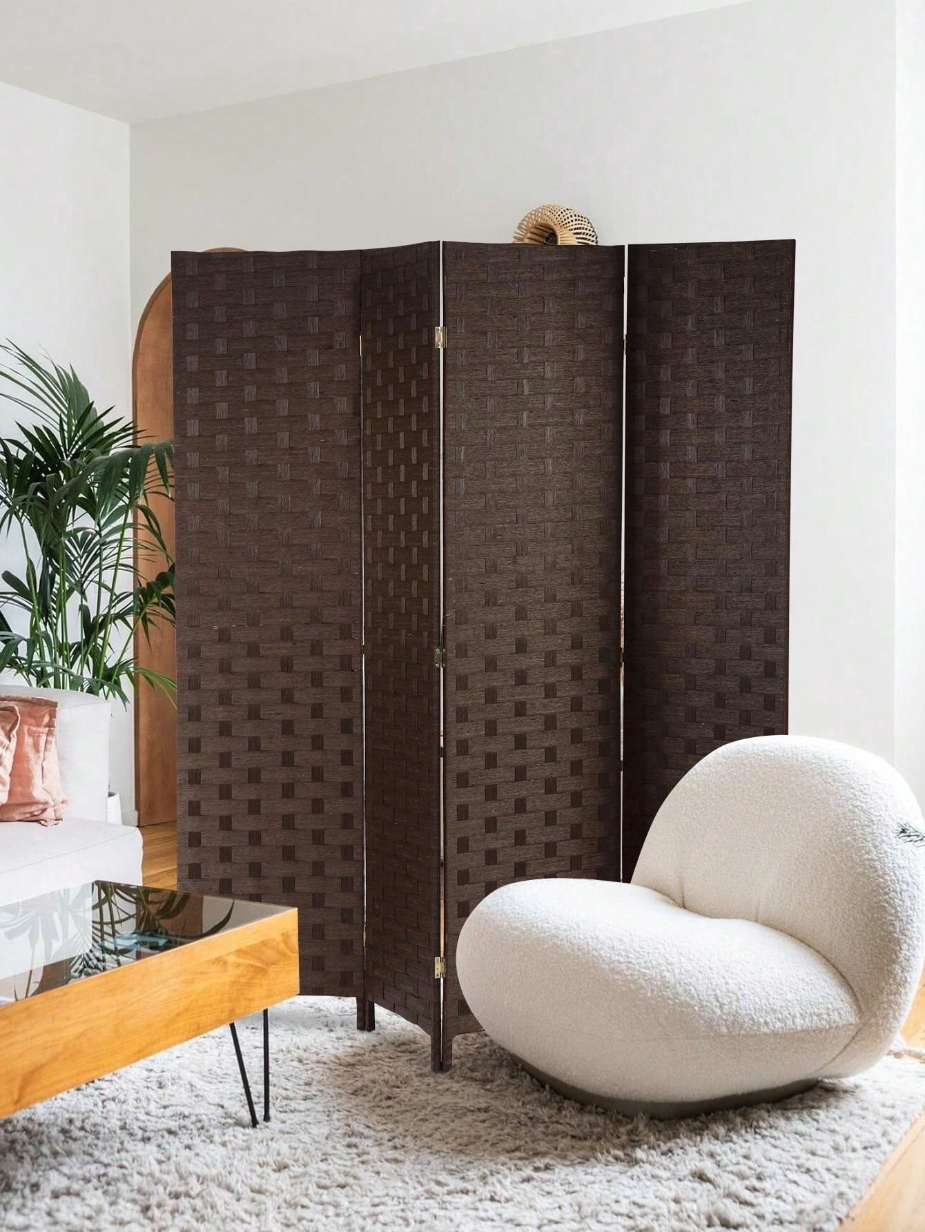 6FT Wooden Room Divider, 4-Panel Folding Privacy Screen with Hand-Woven ...