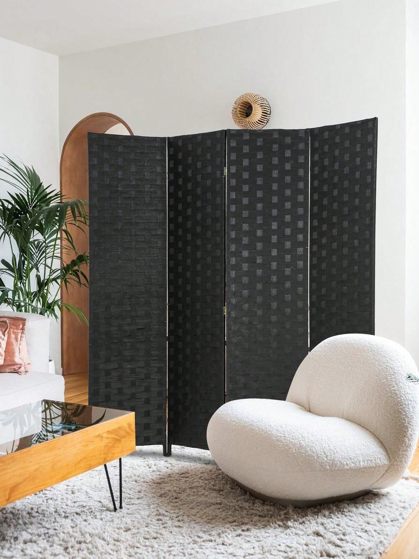 6FT Wooden Room Divider, 4-Panel Folding Privacy Screen with Hand-Woven ...
