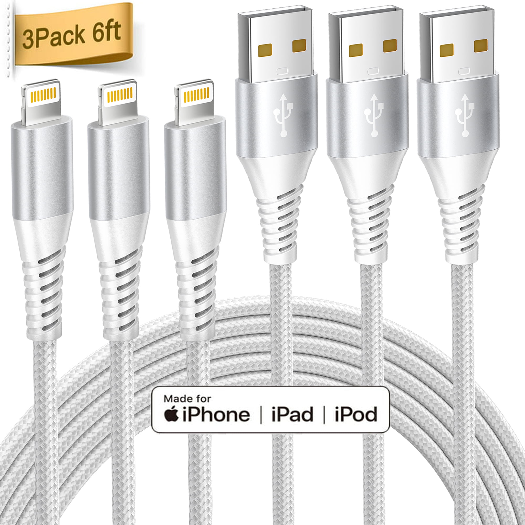 6FT iPhone Charger Cord,3 Pack MFi Certified Lightning Cable Fast ...