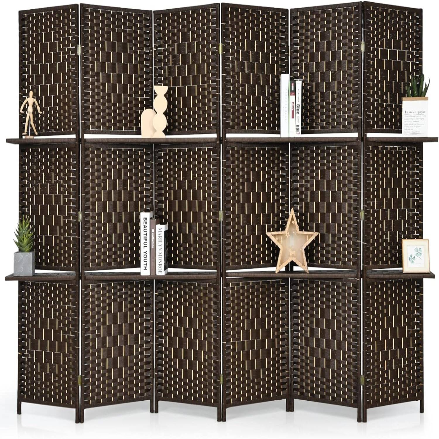6Ft 6 Panel Room Divider with Shelves Freestanding Hand- Rattan Folding ...