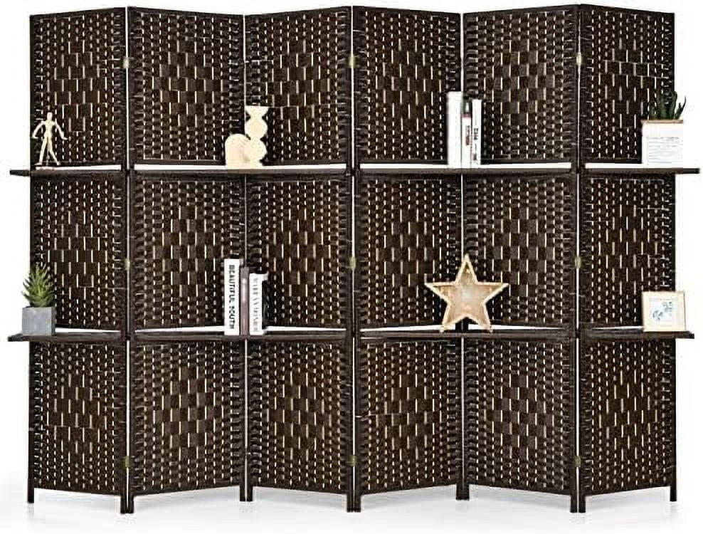 6Ft 6 Panel Room Divider with Shelves Freestanding -Woven Rattan ...