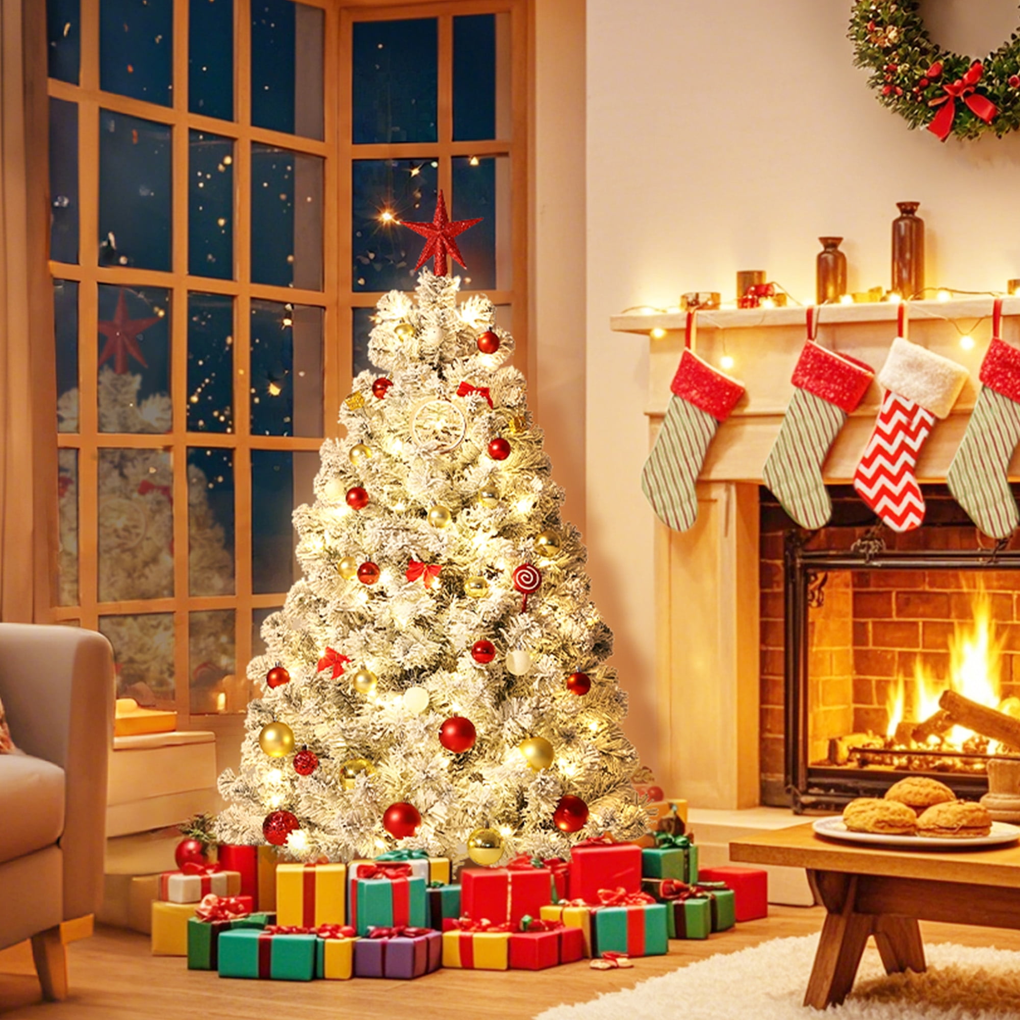 6Ft Artificial Snow Flocked Tree with Warm White Glow, Realistic Hinged ...