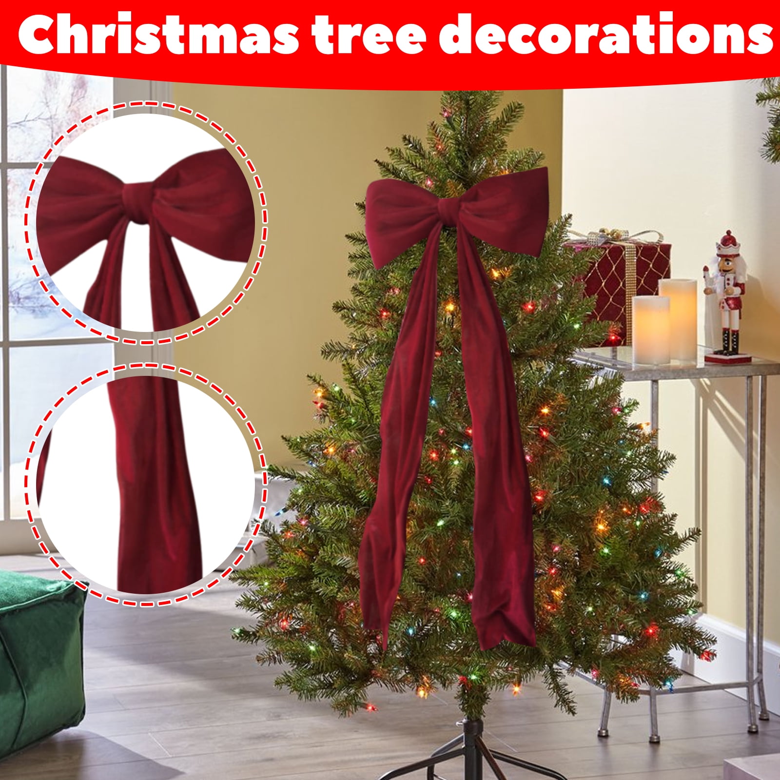 6Ft Christmas Tree Topper Decorations, Red Bows Christmas Tree ...