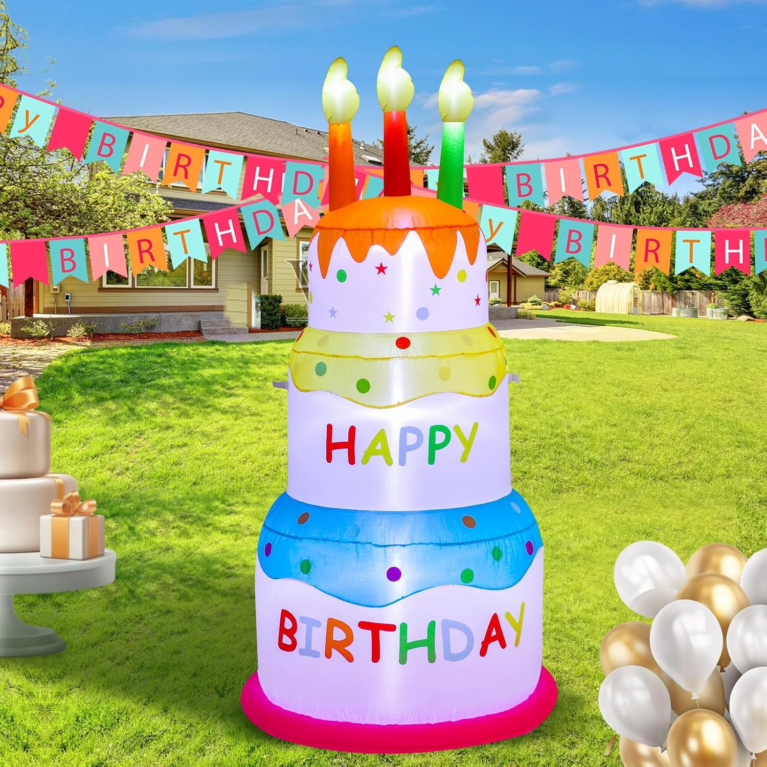 6ft Inflatable Happy Birthday Inflatable Cake with Candles, Built-in ...