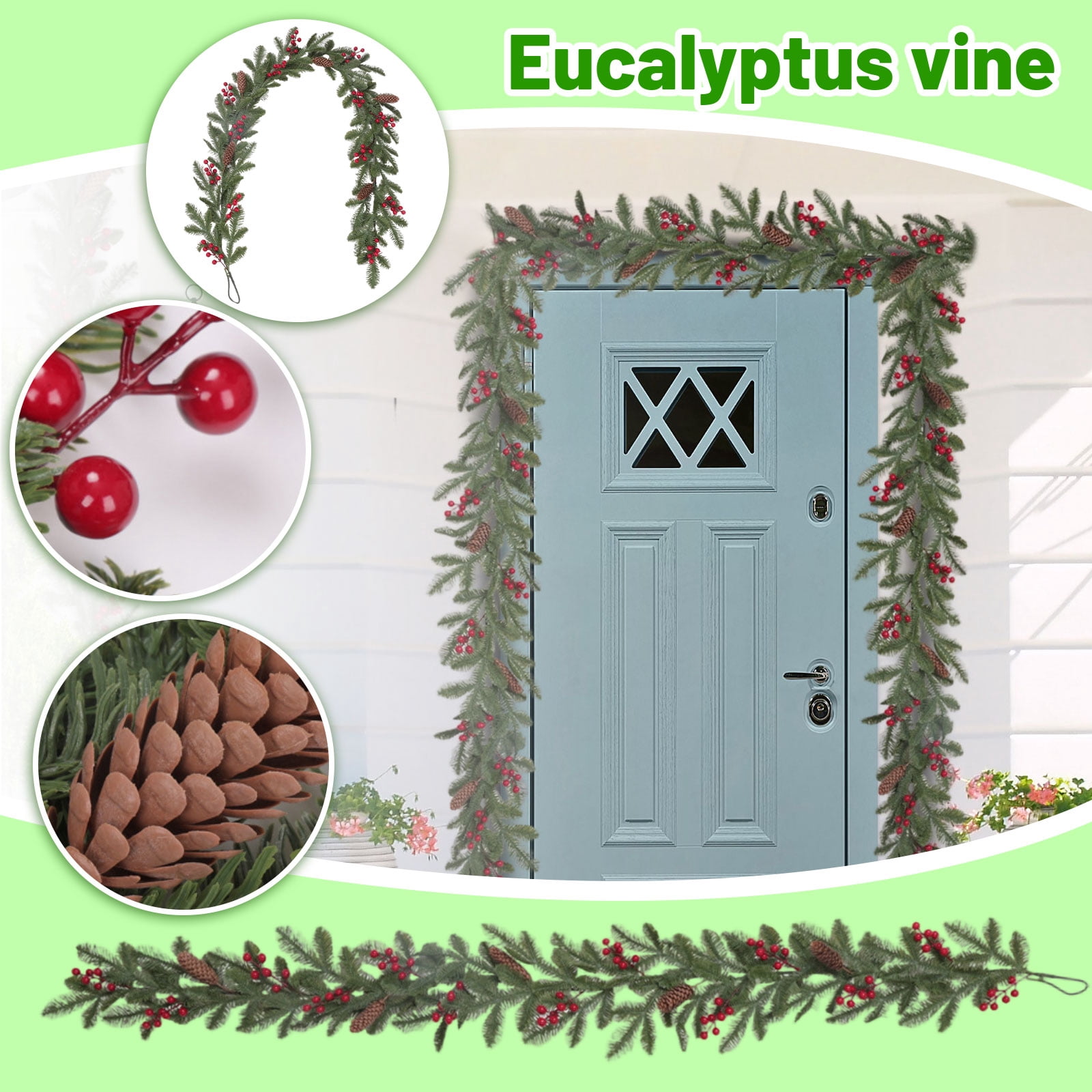 6Ft Pine Cones Christmas Garland, Real Touch Eucalyptus Vines Garland ...